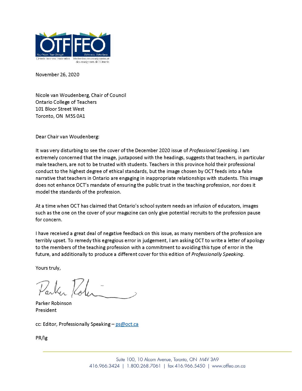 OTF President’s letter to the Chair of the OCT Governing Council re ...